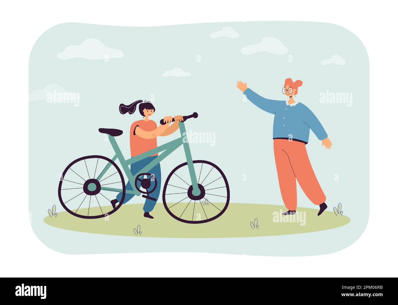 Cute cartoon girl greeting friend with bicycle Stock Vector Image & Art ...