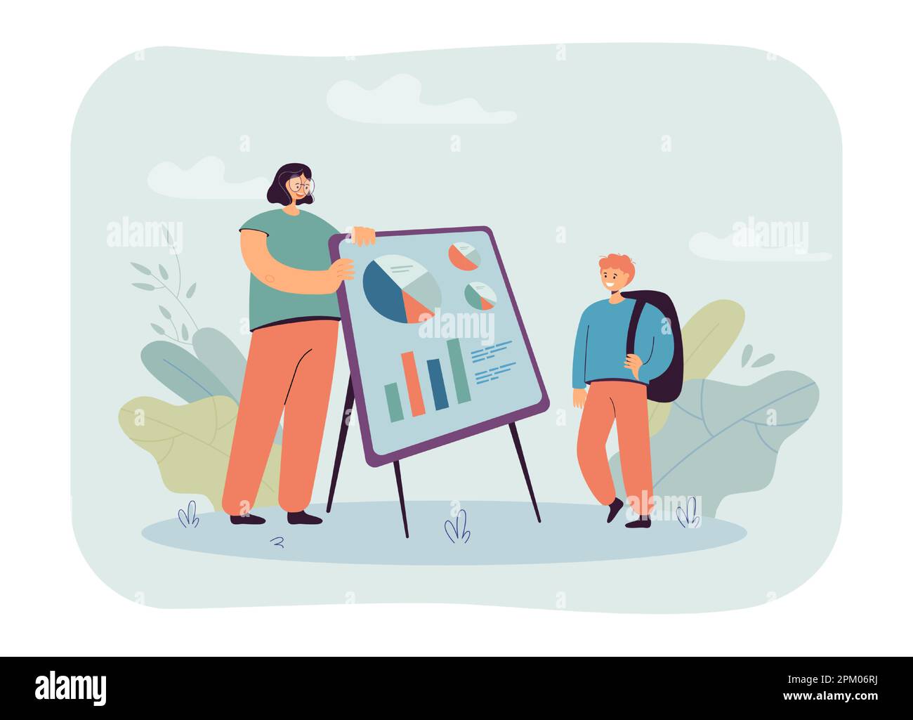 Teacher explaining business plan or statistics to student Stock Vector ...