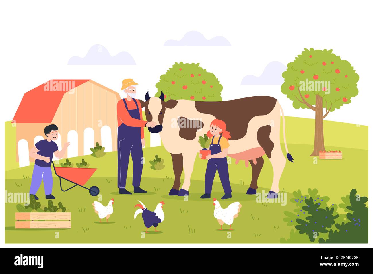 Grandfather and kids working at farm flat vector illustration Stock ...
