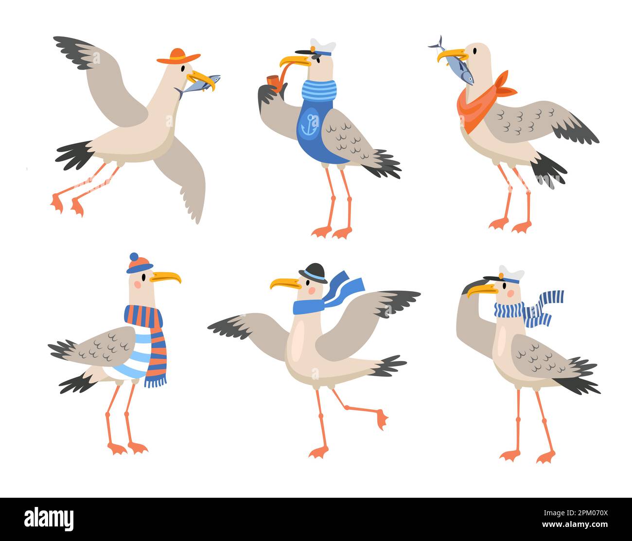 Seagull captain doing different actions cartoon illustration set Stock ...