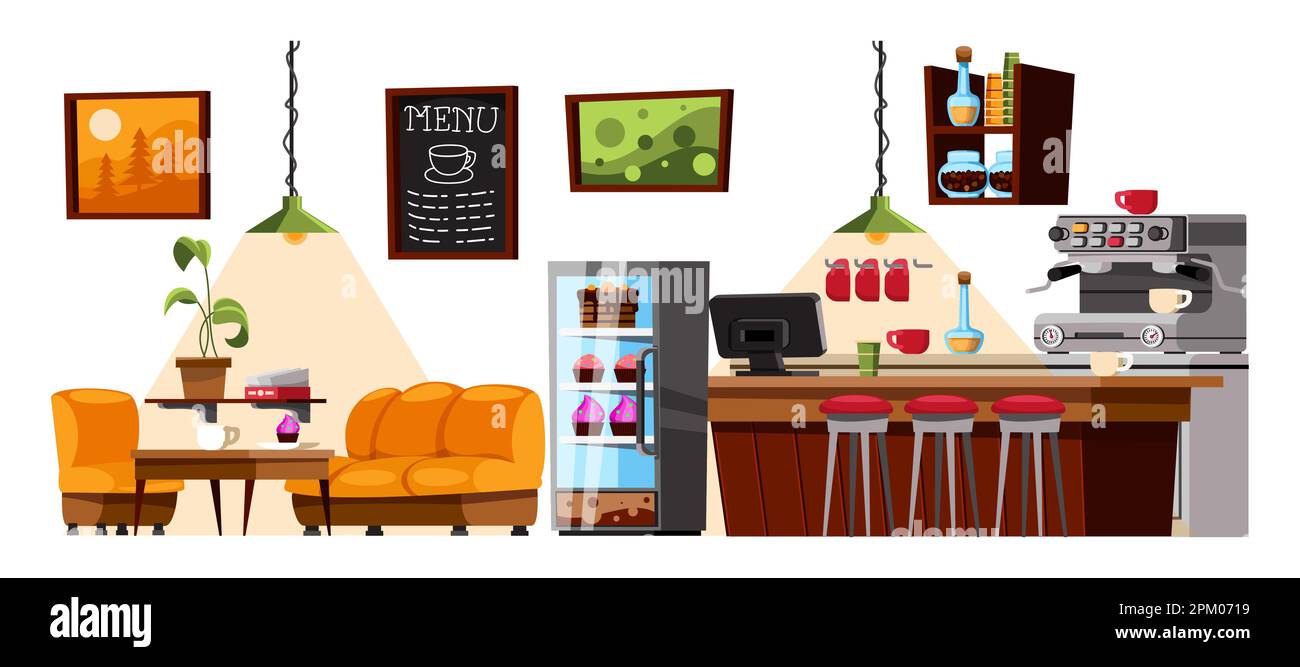 Cozy coffee shop interior cartoon illustration set Stock Vector Image ...