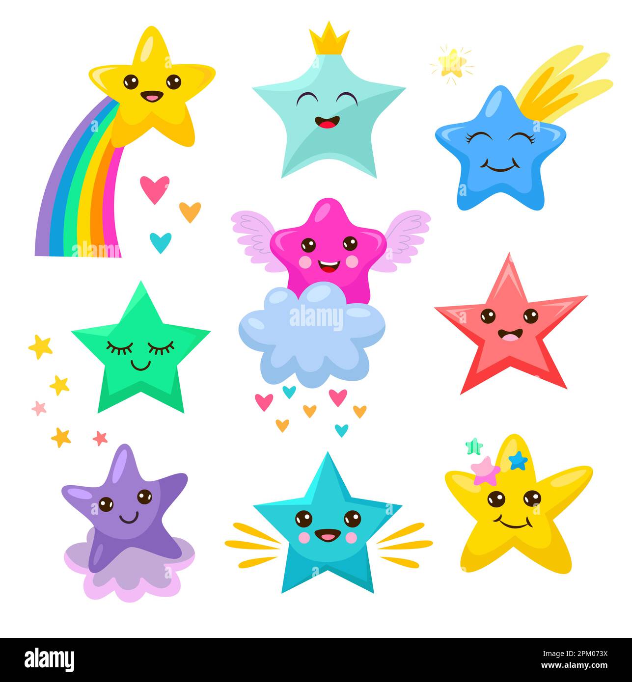 Cute kawaii stars with faces cartoon illustration set Stock Vector ...