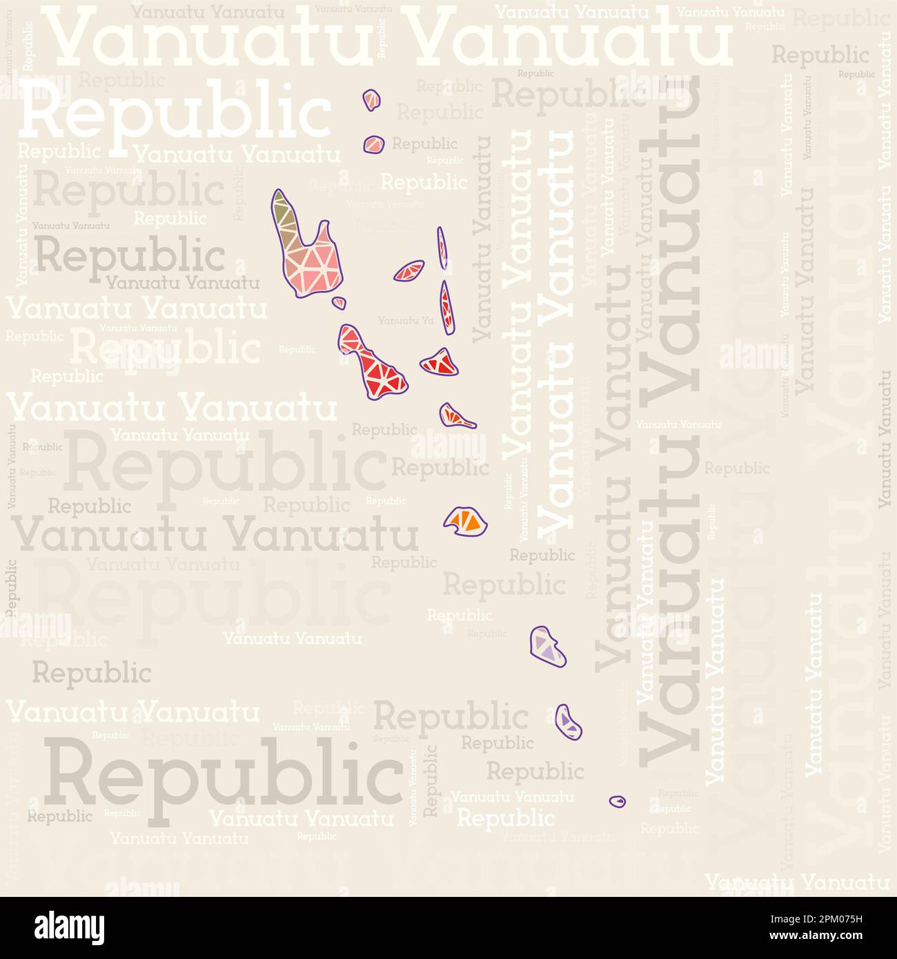Vanuatu map design. Country names in different languages and map shape ...