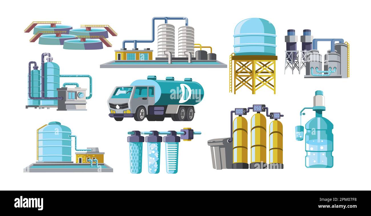 Stages of water purification process cartoon illustration set Stock ...