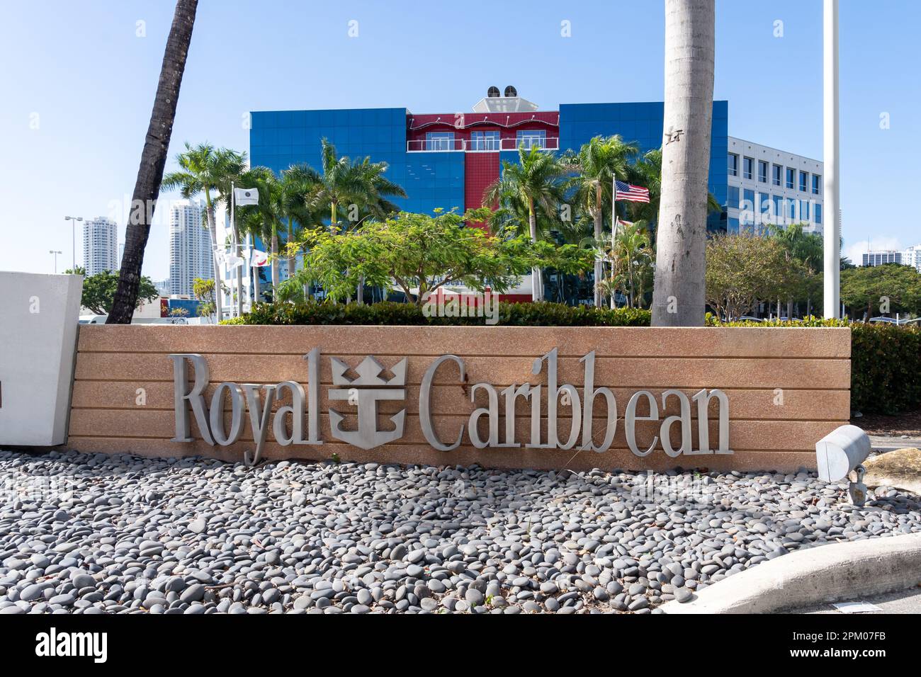 Close up of Royal Caribbean Group logo sign at their headquarters in ...