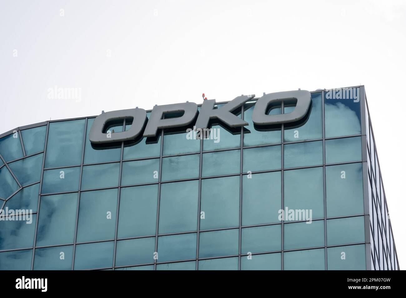 OPKO Health sign on the building at its headquarters in Miami, Florida ...