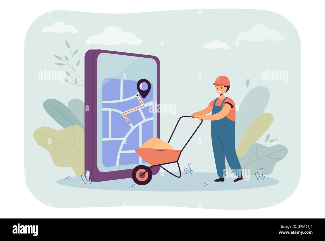 Cute boy as construction worker in front of phone with city map Stock ...