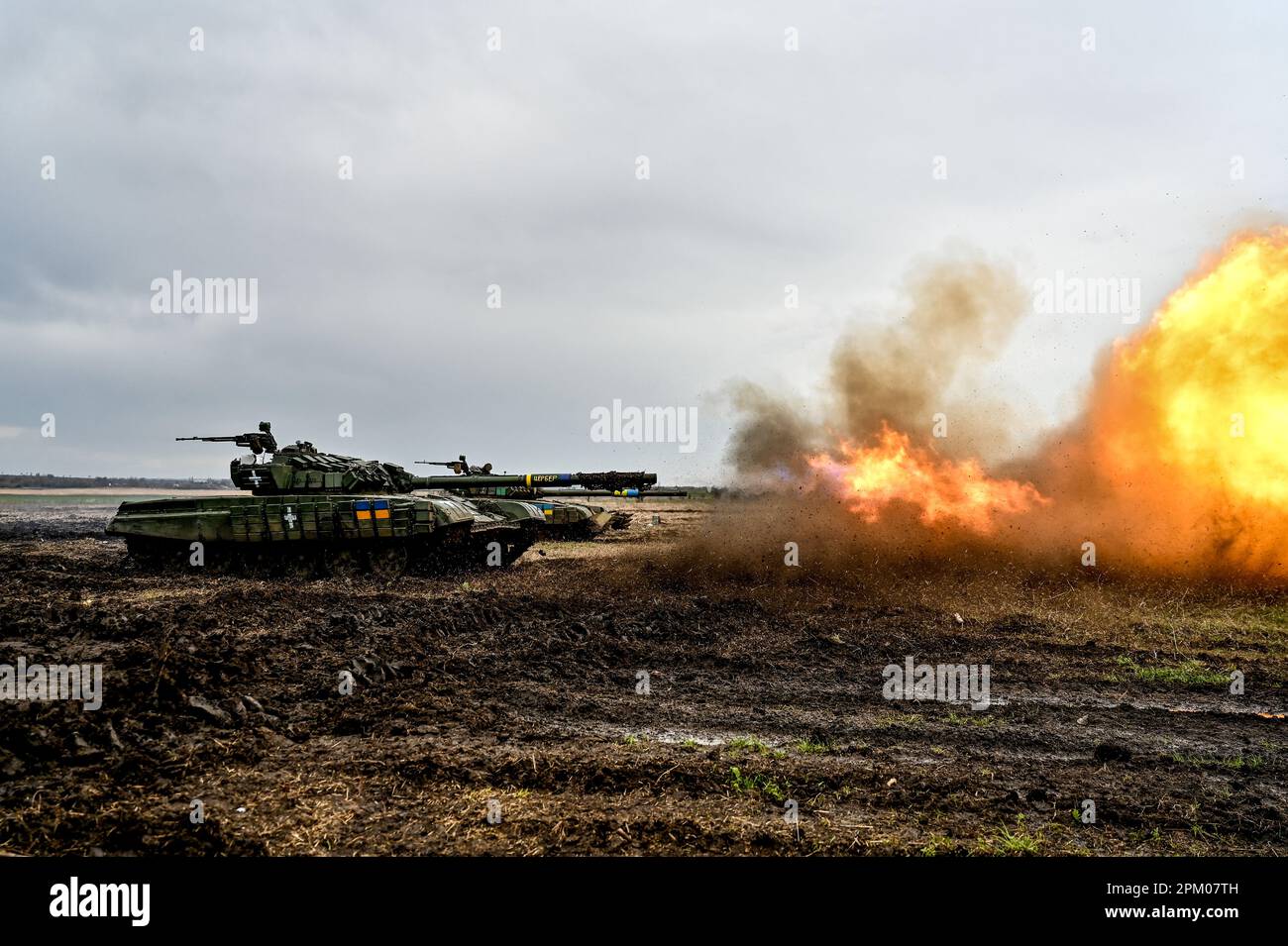 UKRAINE - APRIL 5, 2023 - T-72 tanks are involved in training for ...