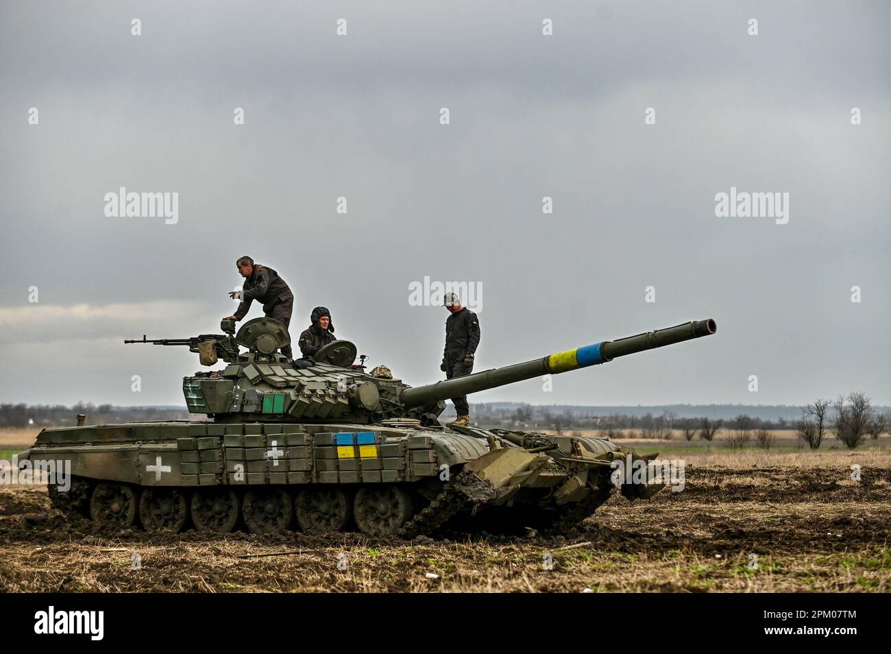 UKRAINE - APRIL 5, 2023- A T-72 tank is pictured during the training of ...