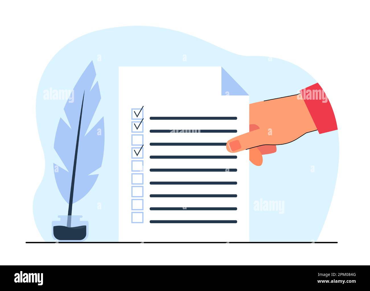Quill and huge human hand holding sheet of paper with checklist Stock ...
