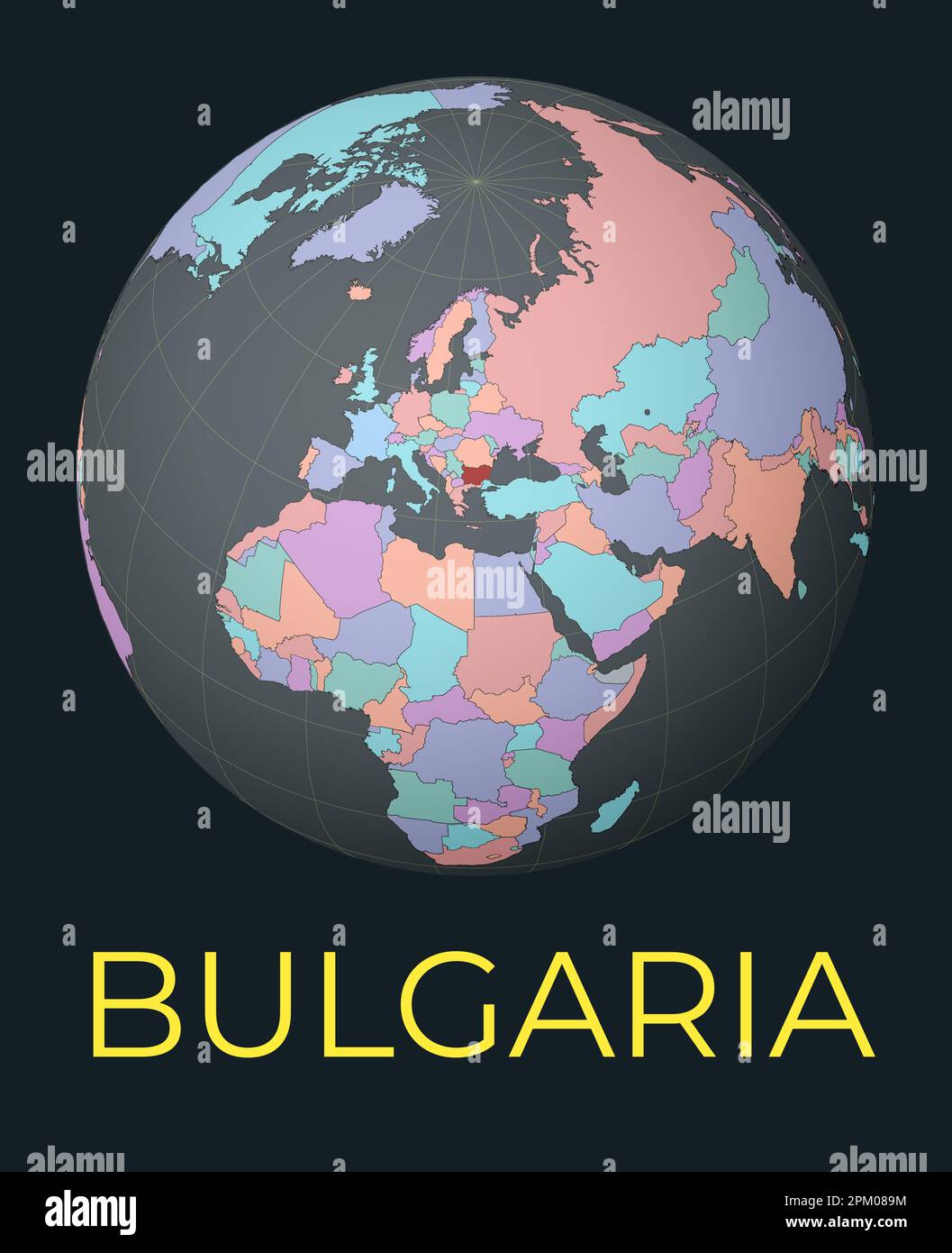 World map centered on Bulgaria. Red country highlighted. Satellite ...