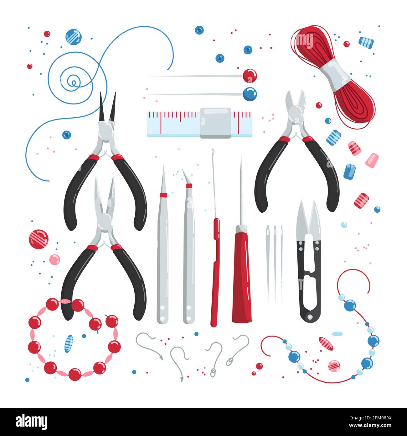 Tools and beads for making jewelry cartoon illustration set Stock ...