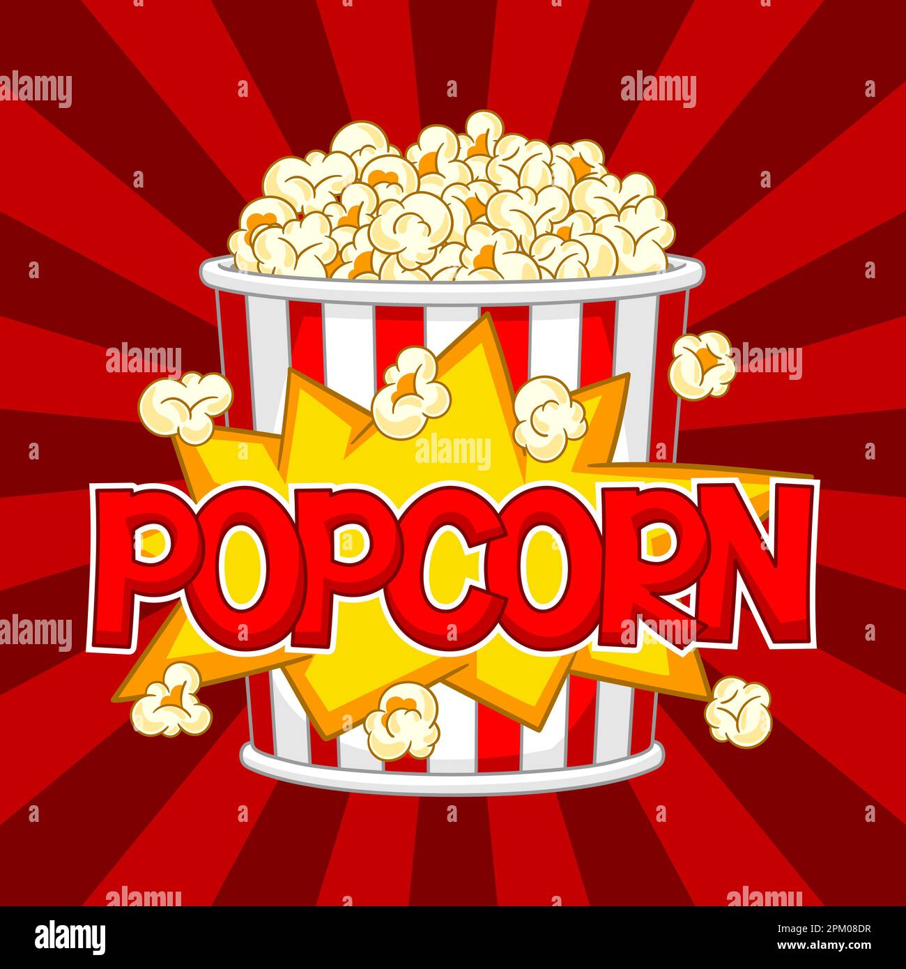 Popcorn in paper striped bucket. Illustration of snack food in cartoon ...