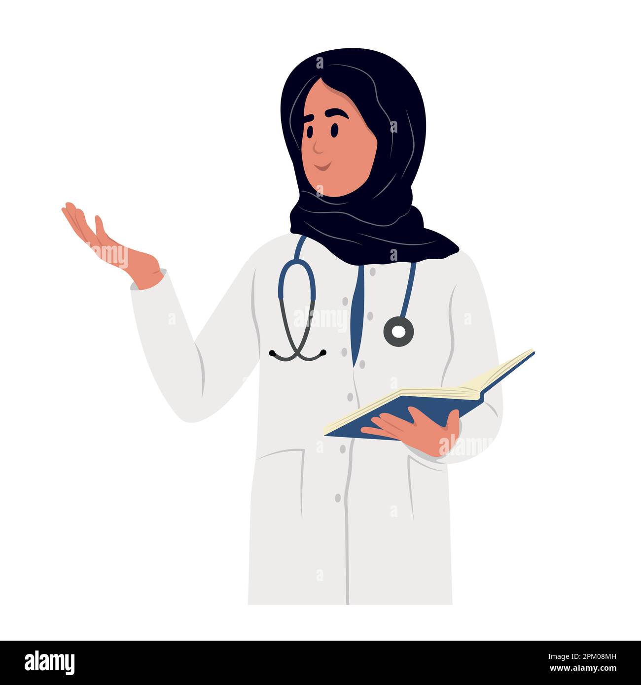 Happy female Muslim doctor is talking explaining something, gesturing ...