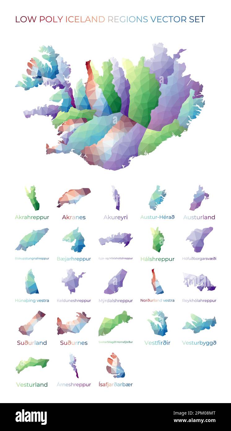 Iceland low poly regions. Polygonal map of Iceland with regions. Geometric maps for your design ...