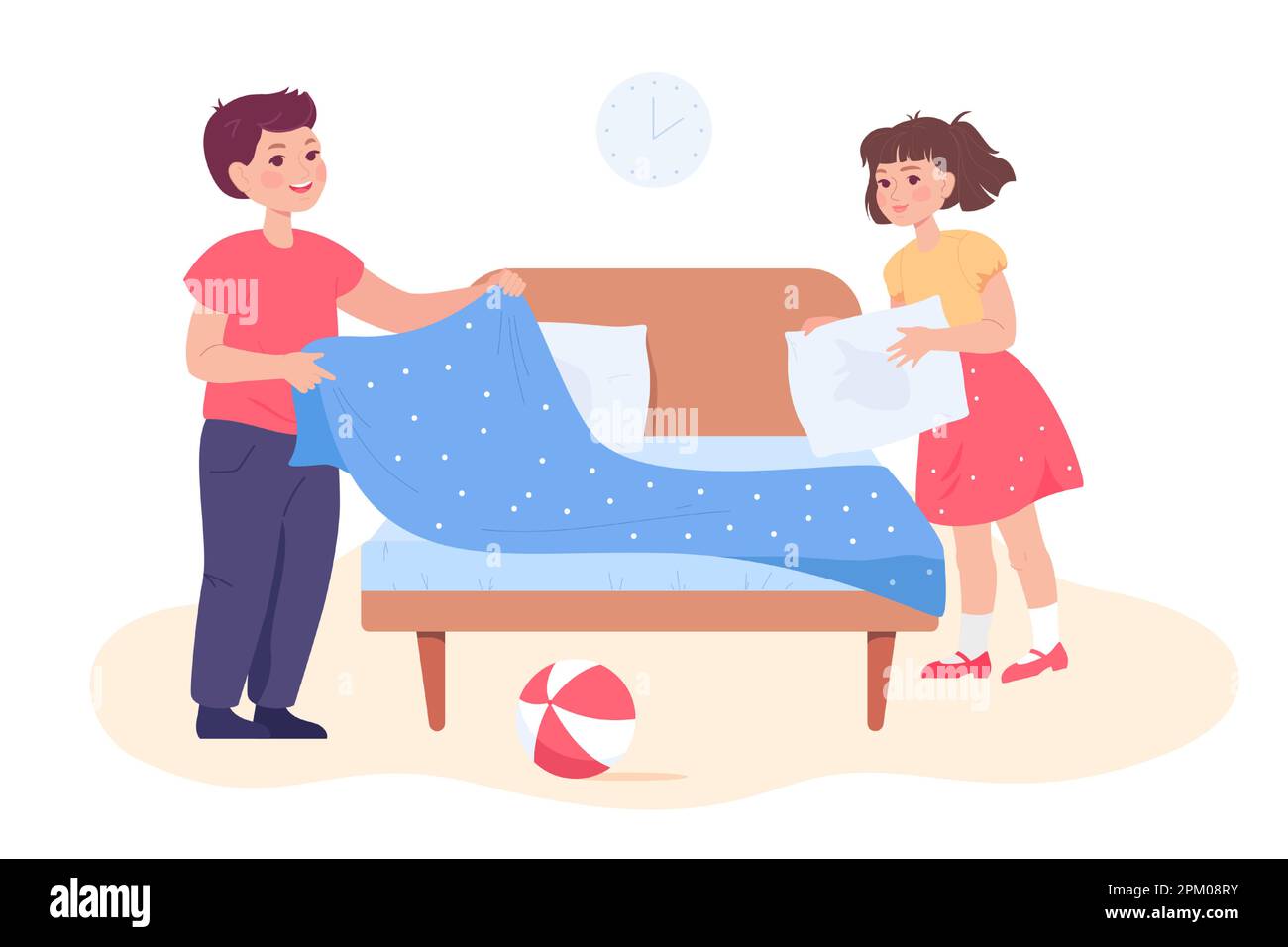 Cute children making bed together Stock Vector Image & Art - Alamy