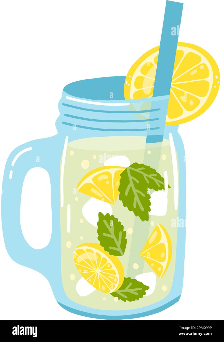 Hand drawn glass of lemonade with sliced lemons and mint. Vector ...