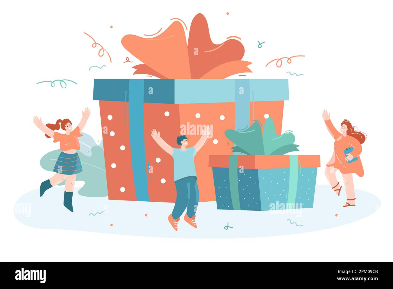 Tiny people jumping for joy near giant gift boxes Stock Vector Image ...