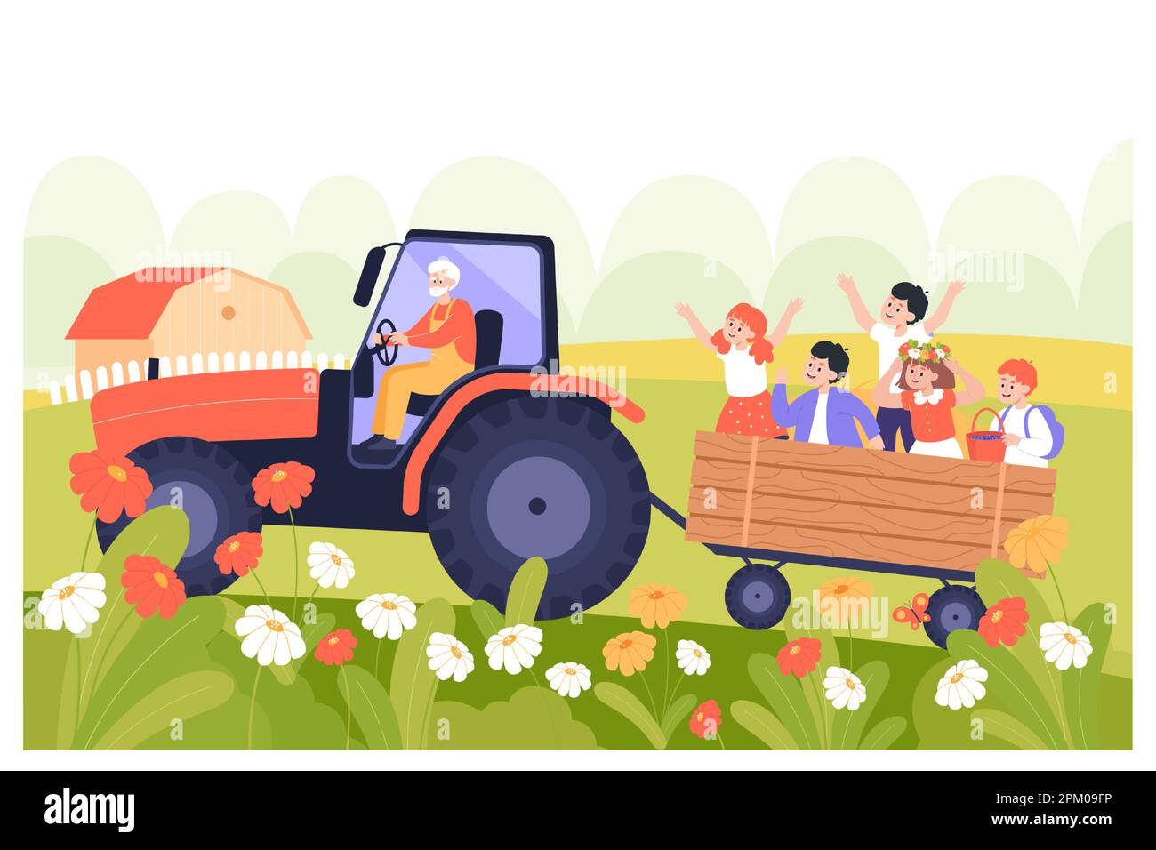 Old farmer driving tractor with kids in trailer Stock Vector Image ...