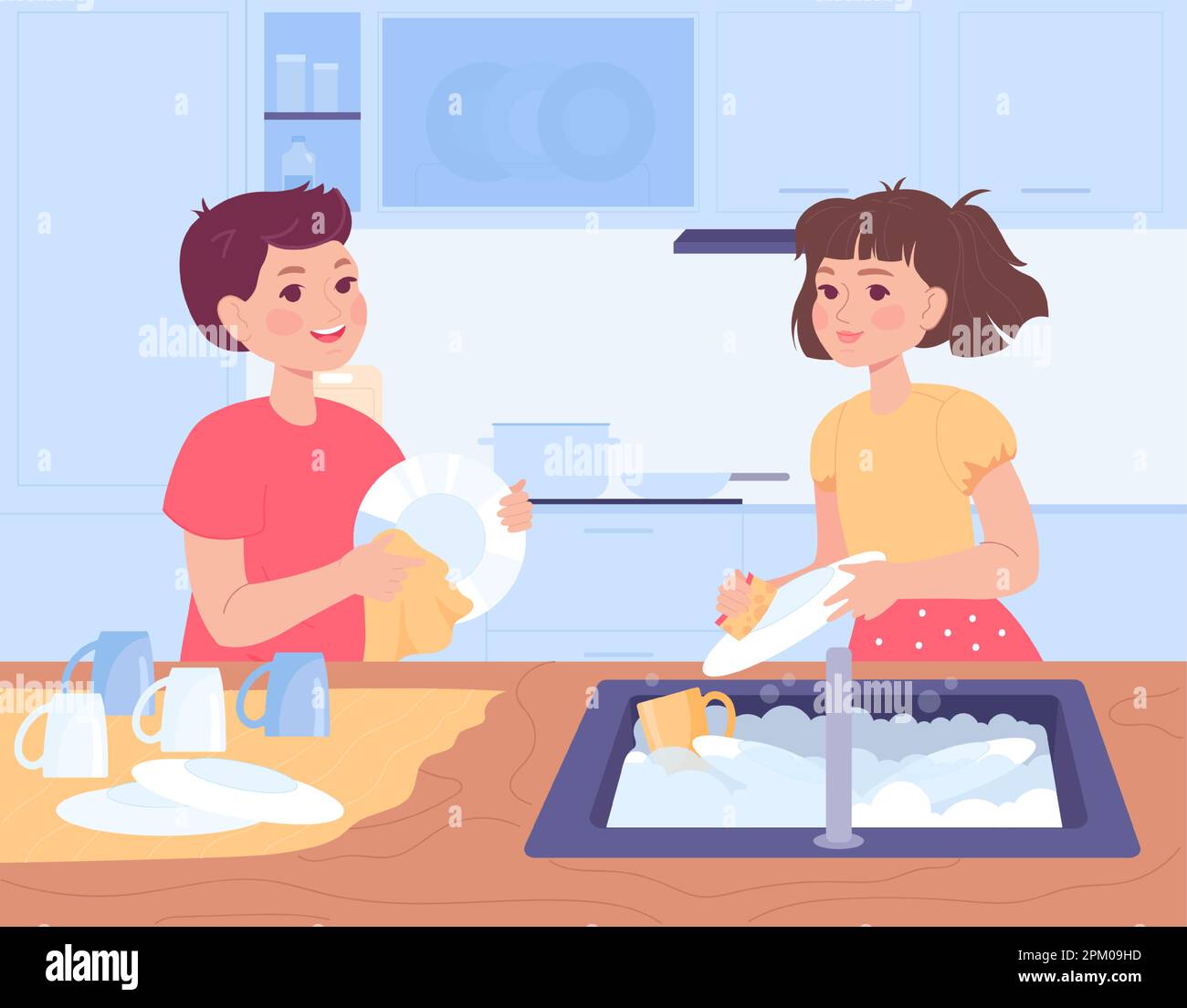Cute girl and boy washing dishes in kitchen Stock Vector Image & Art ...
