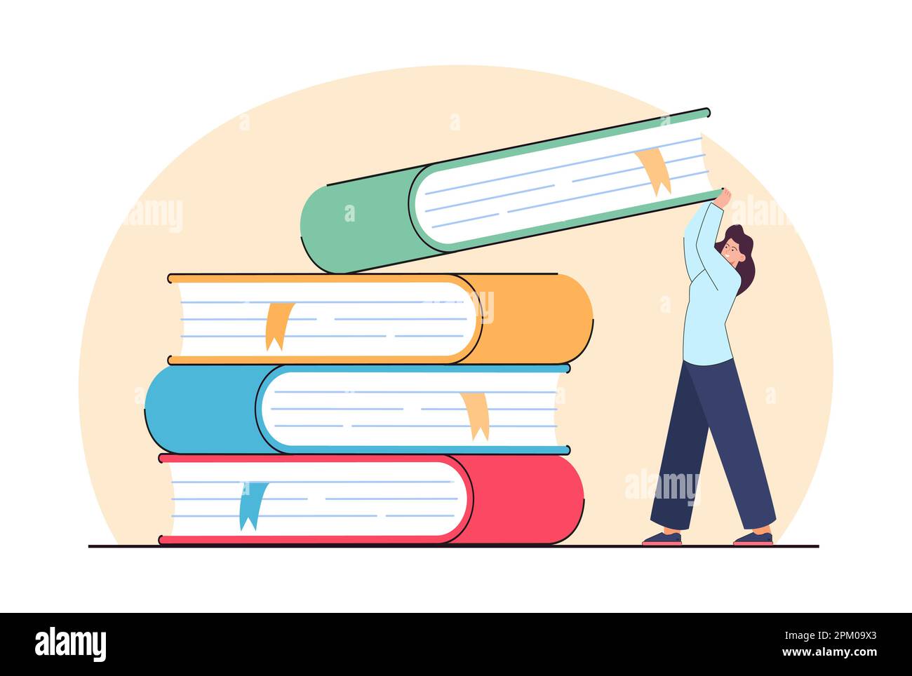Tiny female student taking huge book off stack Stock Vector Image & Art ...
