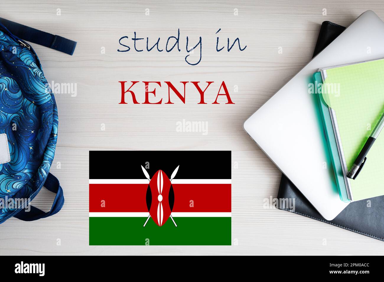 Study in Kenya. Background with notepad, laptop and backpack. Education ...