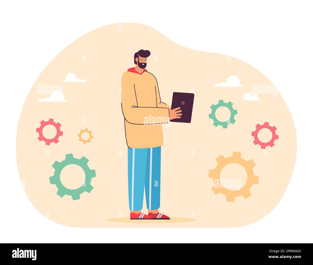 Man looking at tablet screen flat vector illustration Stock Vector ...