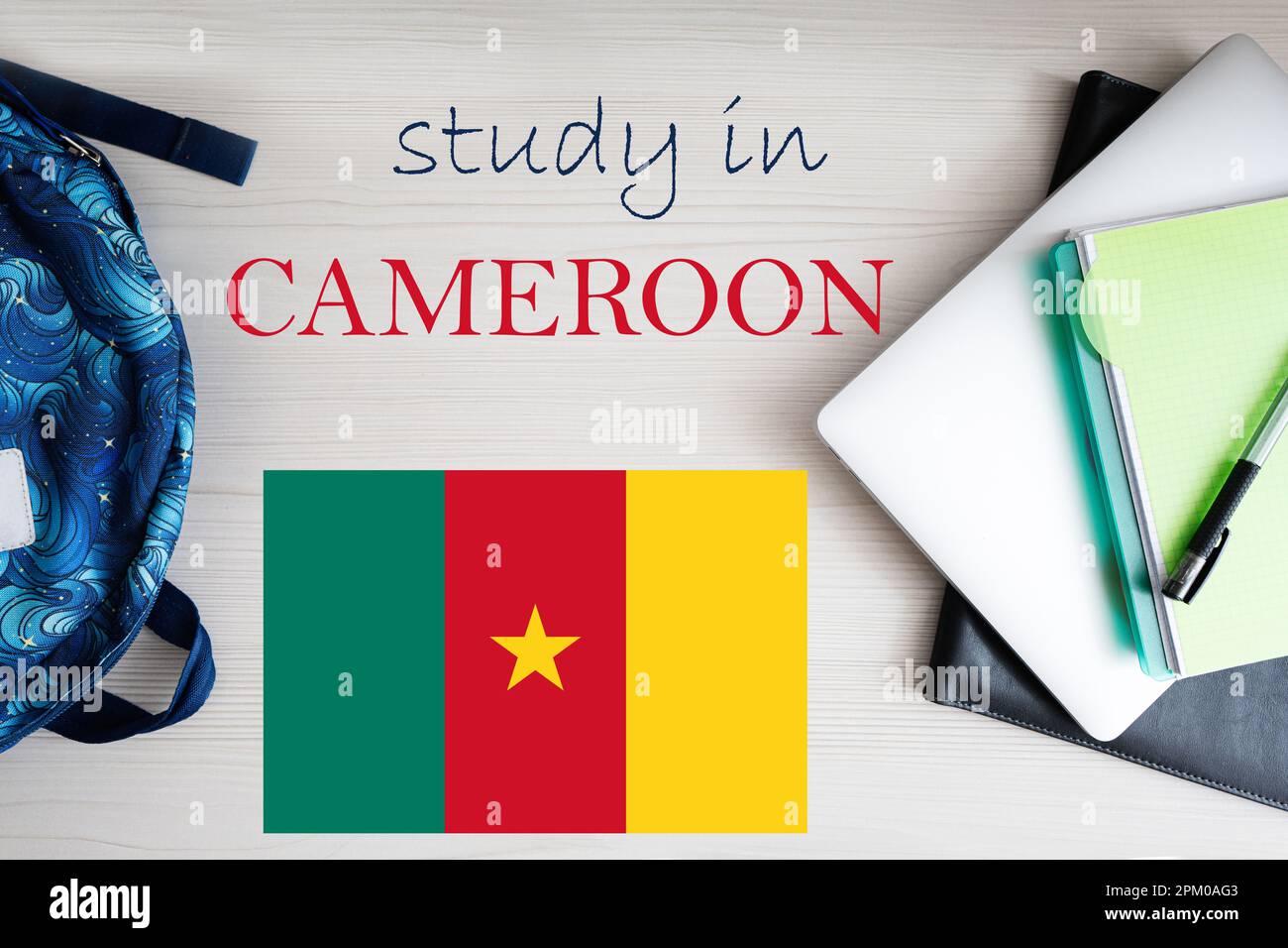 Study in Cameroon. Background with notepad, laptop and backpack ...