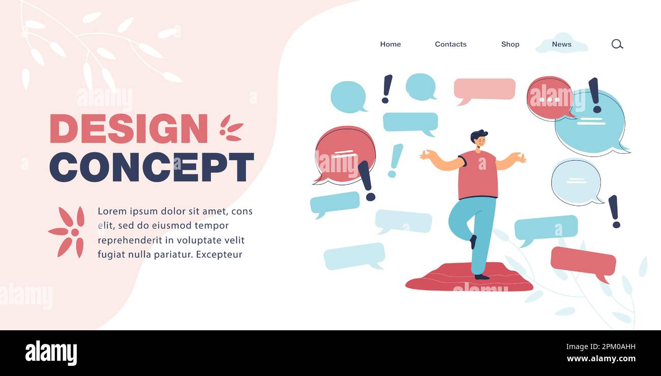 Man standing in tree pose surrounding by text bubbles flat vector ...