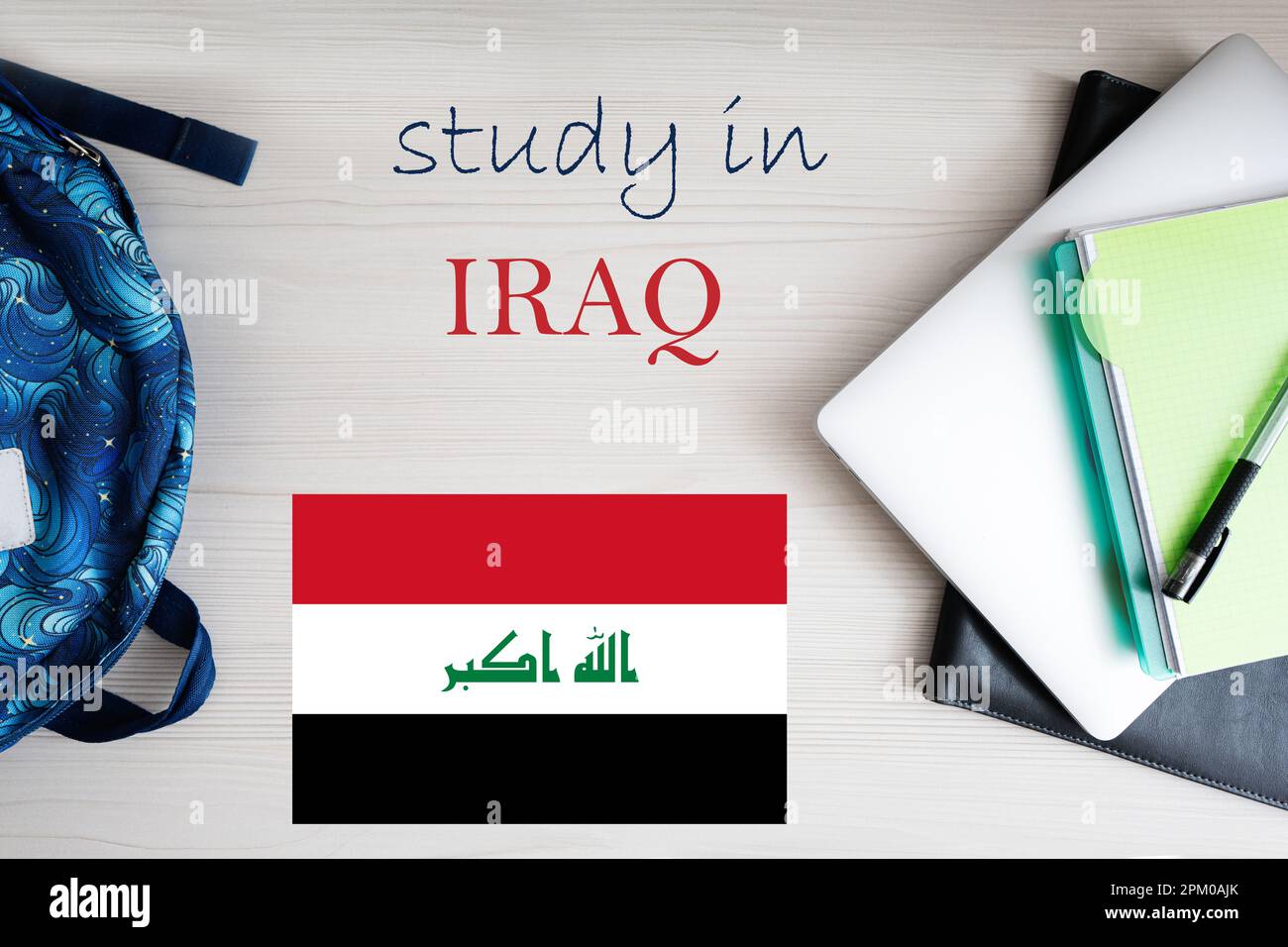 Study in Iraq. Background with notepad, laptop and backpack. Education ...