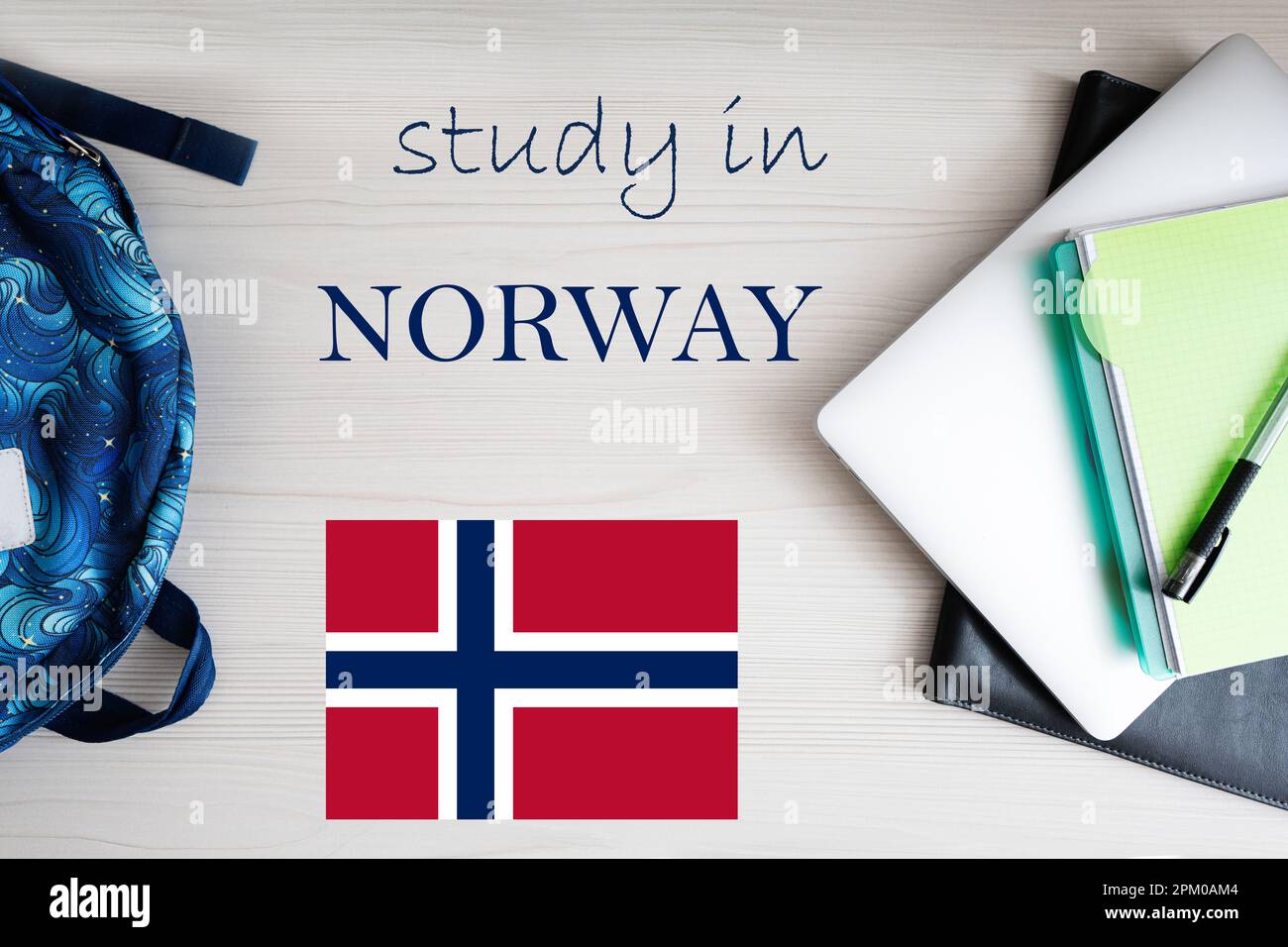 Study in Norway. Background with notepad, laptop and backpack ...