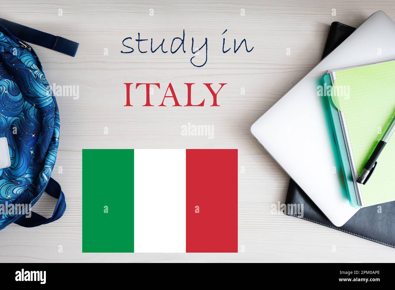 Study in Italy. Background with notepad, laptop and backpack. Education ...