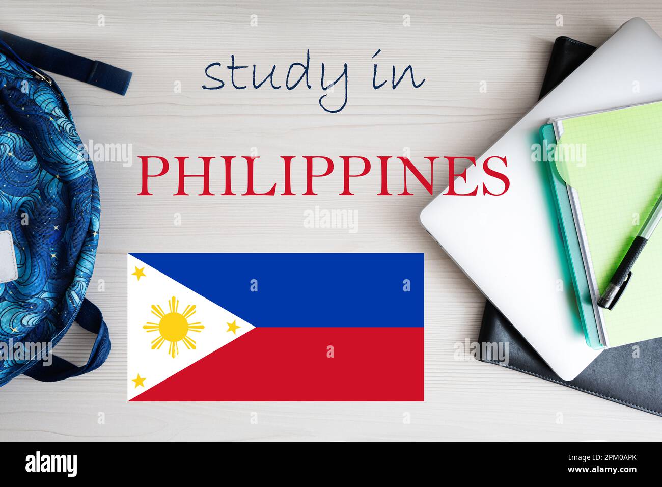 Study in Philippines. Background with notepad, laptop and backpack ...