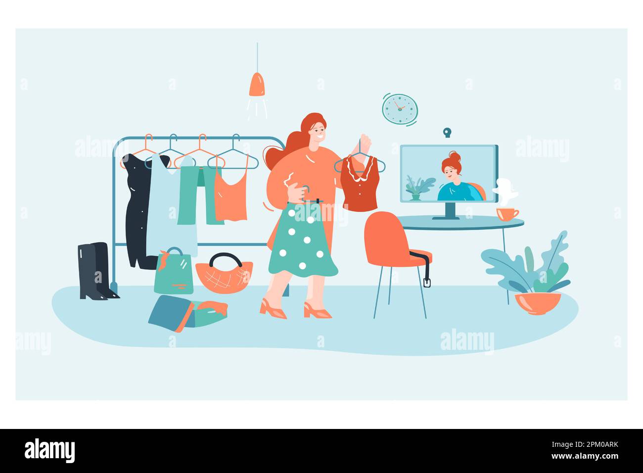 Personal stylist helping woman make choice through computer Stock ...