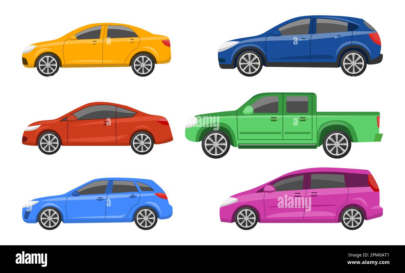 Cars of different types and colors vector illustrations set Stock ...