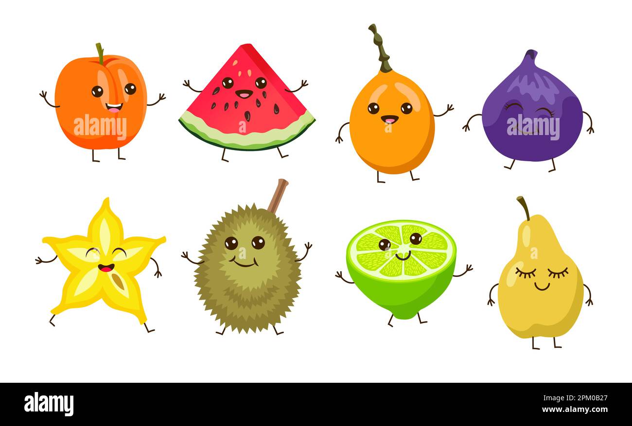 Cute cartoon fruits with funny faces cartoon illustration set Stock ...