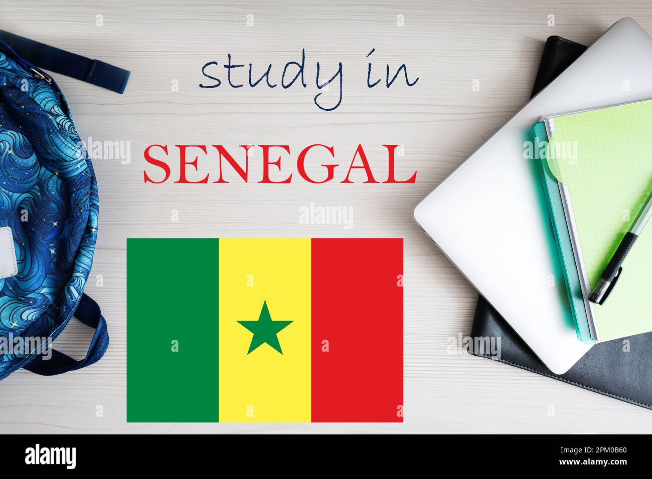 Study in Senegal. Background with notepad, laptop and backpack. Education concept Stock Photo ...
