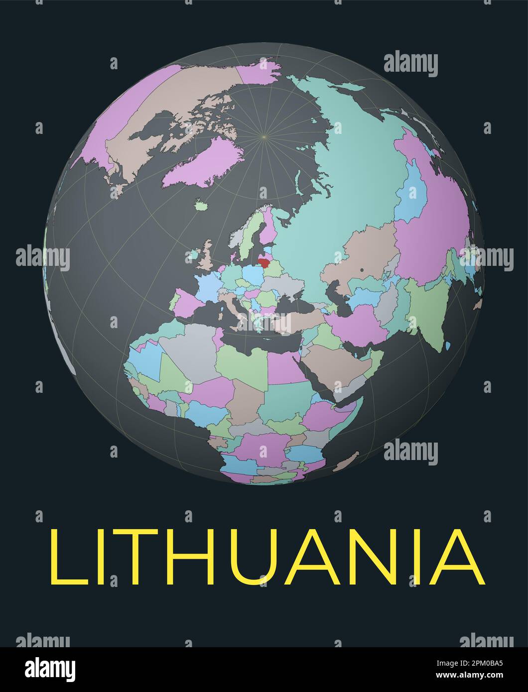 World map centered on Lithuania. Red country highlighted. Satellite ...