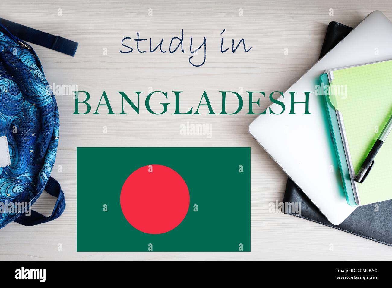 Study in Bangladesh. Background with notepad, laptop and backpack ...