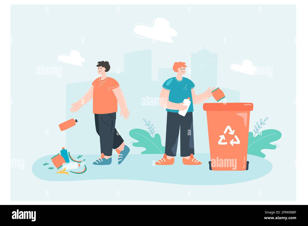 Two cartoon men throwing trash on ground or in recycle can Stock Vector ...