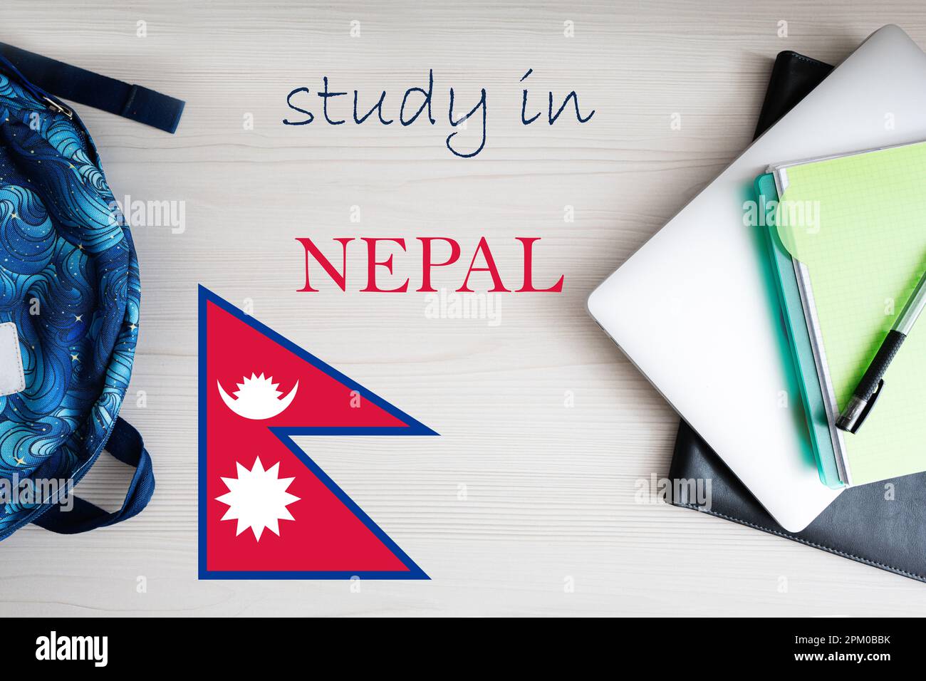 Study in Nepal. Background with notepad, laptop and backpack. Education ...