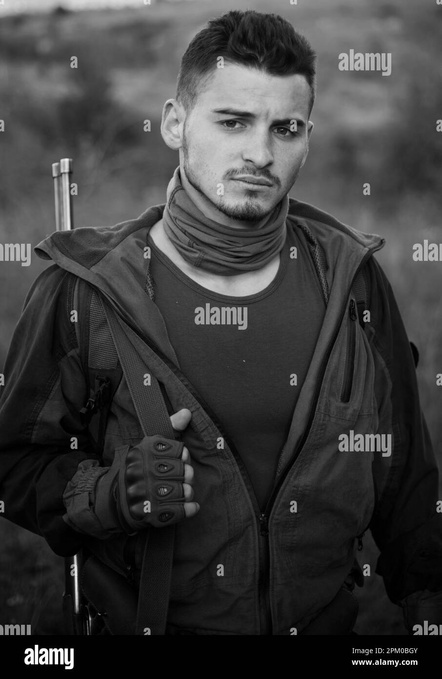 Hunter with shotgun gun on hunt. Portrait of hamdsome Hunter Stock ...