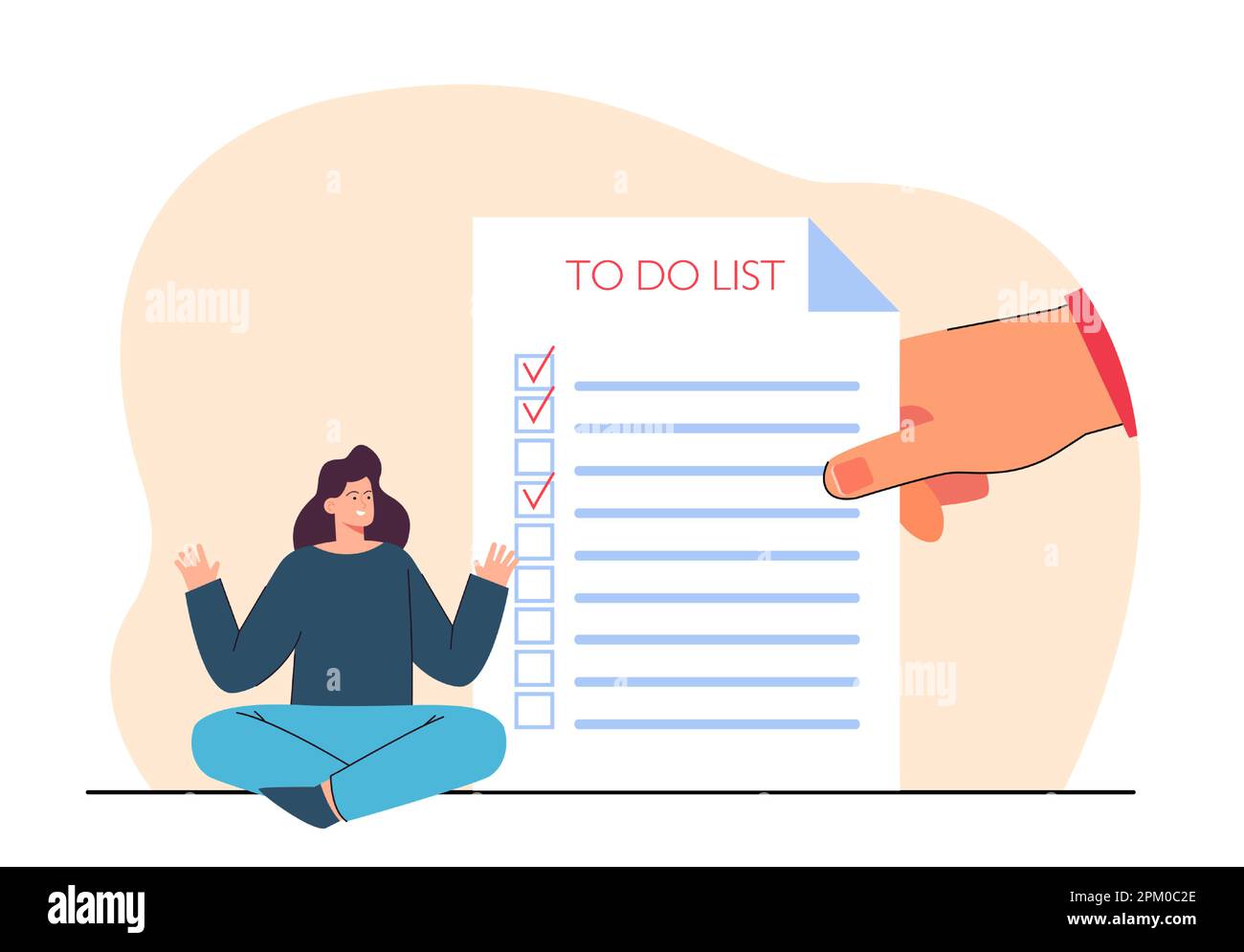 Tiny smiling woman sitting next to huge paper with to do list Stock ...