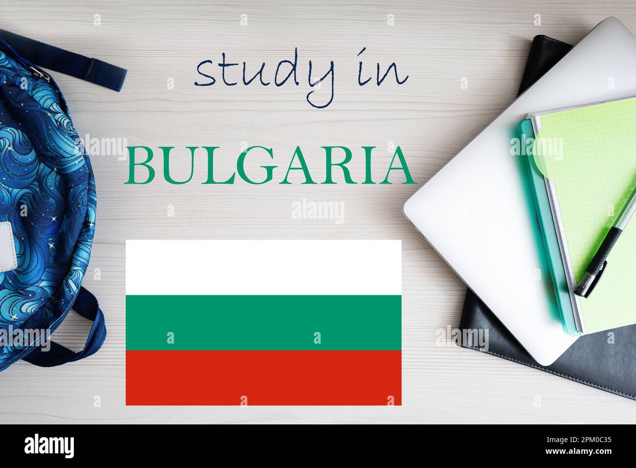 Study in Bulgaria. Background with notepad, laptop and backpack ...