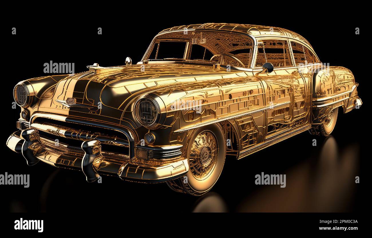 Retro style vintage car with a luxurious golden finish against a ...