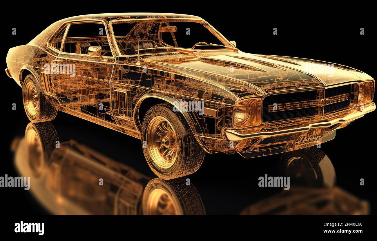 Retro style vintage car with a luxurious golden finish against a ...