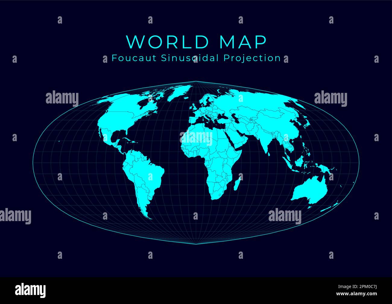 Map of The World. Foucaut's sinusoidal projection. Futuristic ...