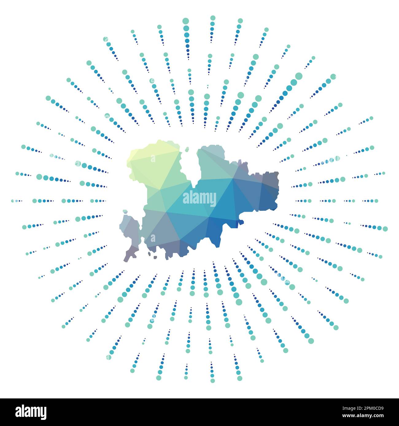 Shape of Mykonos, polygonal sunburst. Map of the island with colorful ...