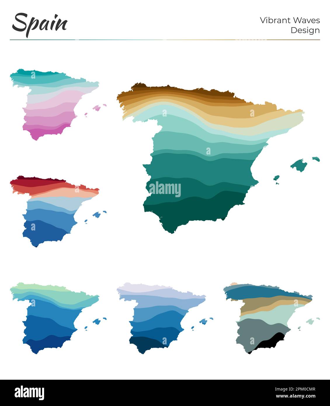 Set of vector maps of Spain. Vibrant waves design. Bright map of the ...