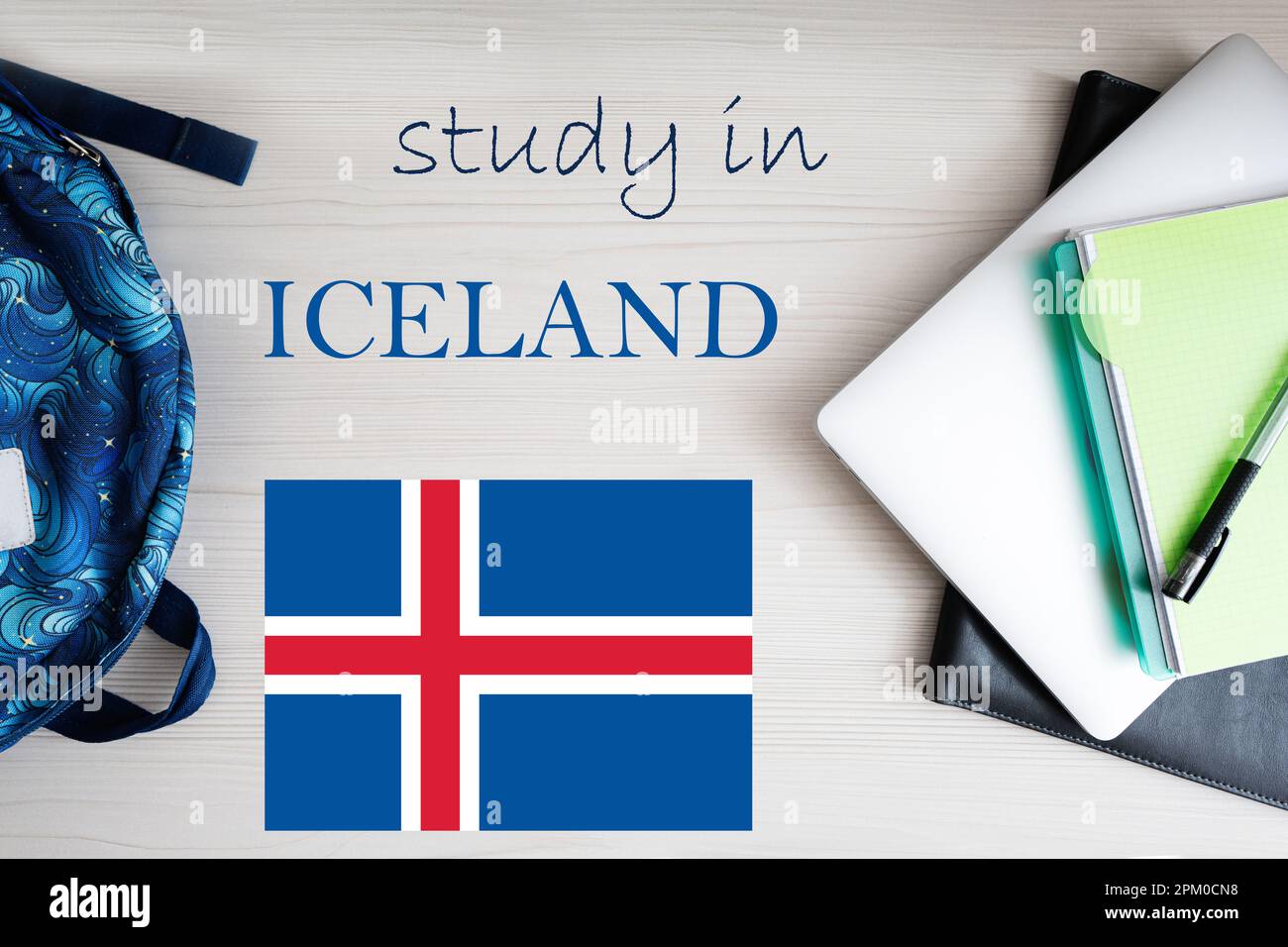 Study in Iceland. Background with notepad, laptop and backpack ...